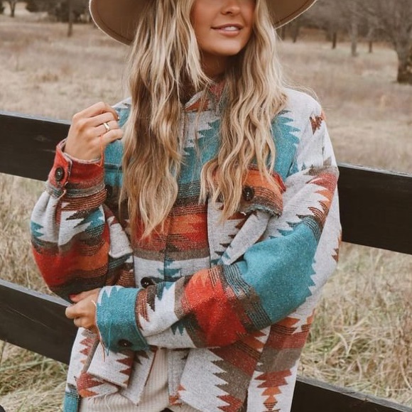 Sweaters | Aztec Women Multicolored Shacket Cardigan Button Closure ...